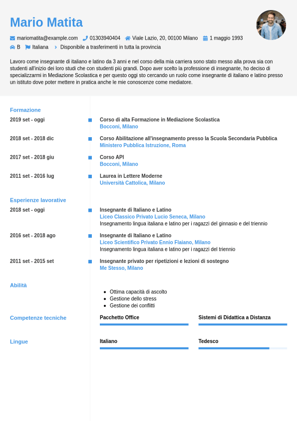 Esempio curriculum insegnante / docente - CVwizard