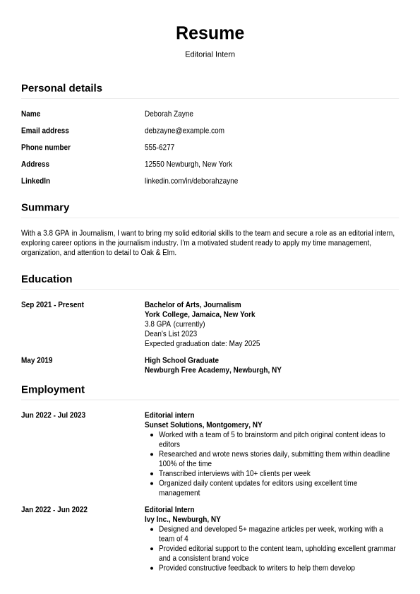 Internship Resume Example - CVwizard
