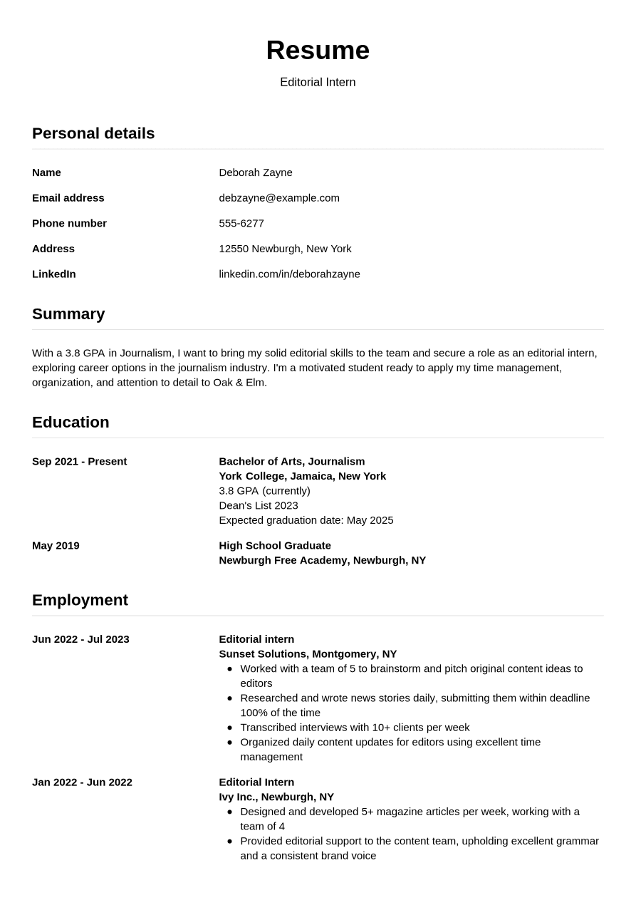 Internship Resume Example - CVwizard