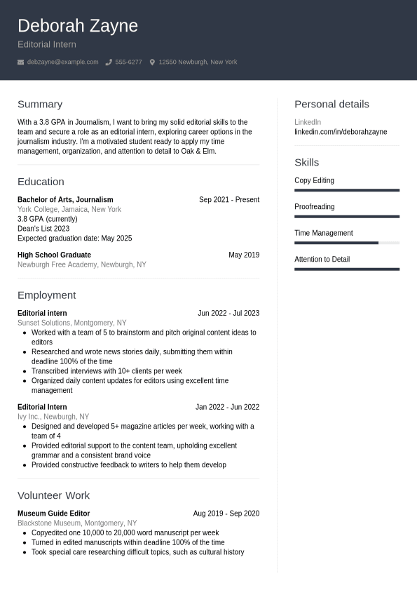 Internship Resume Example - CVwizard
