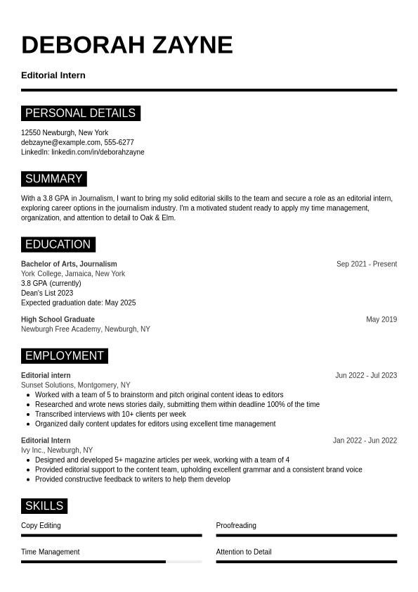 Internship Resume Example - CVwizard