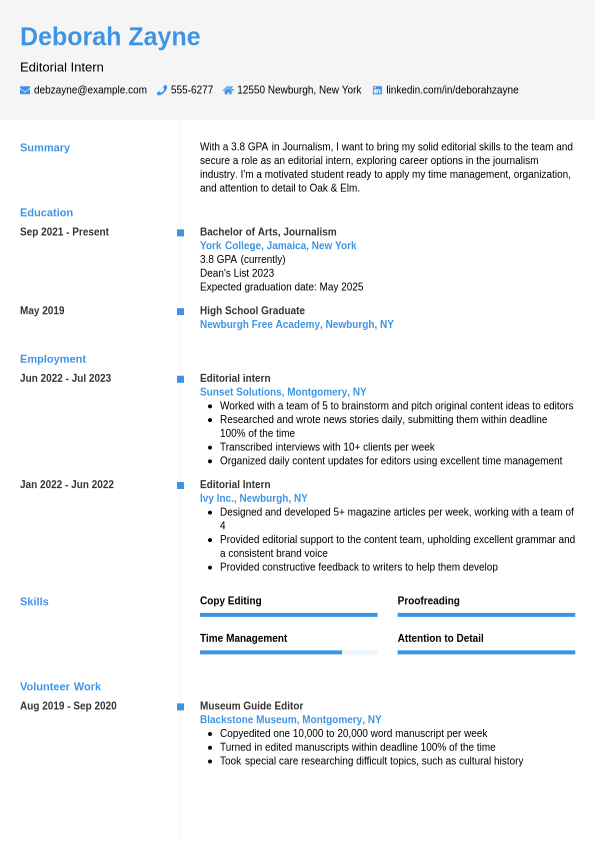 Internship Resume Example - CVwizard