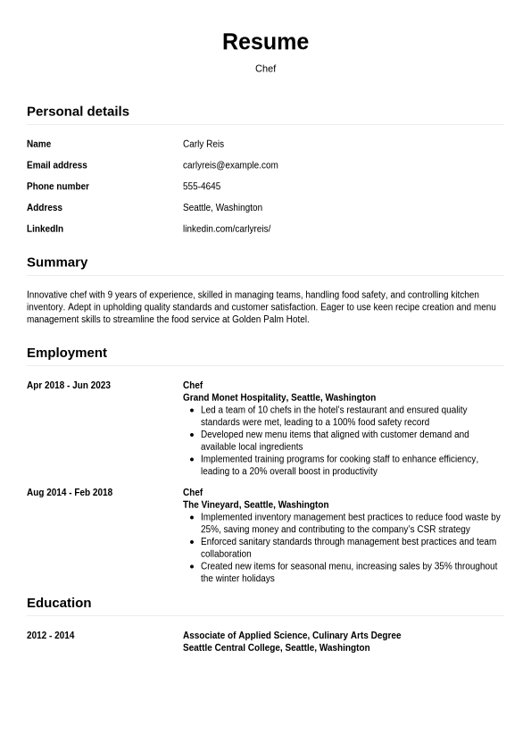 Chef Resume Examples and Writing Tips - CVwizard