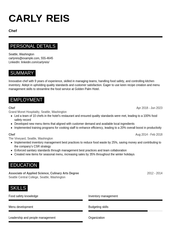 Chef Resume Examples and Writing Tips - CVwizard