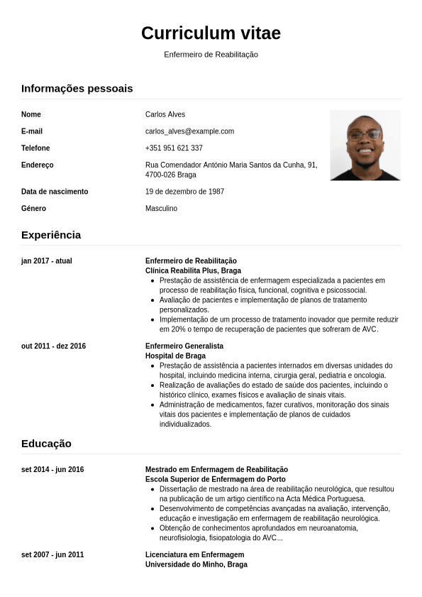 Exemplo de curriculum para enfermagem - CVwizard