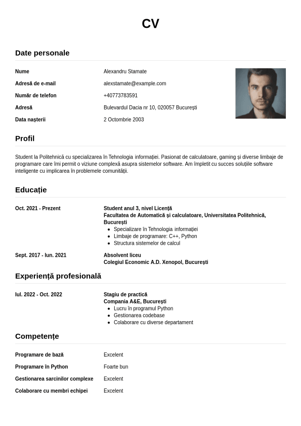 Exemplu de CV de student - CVwizard