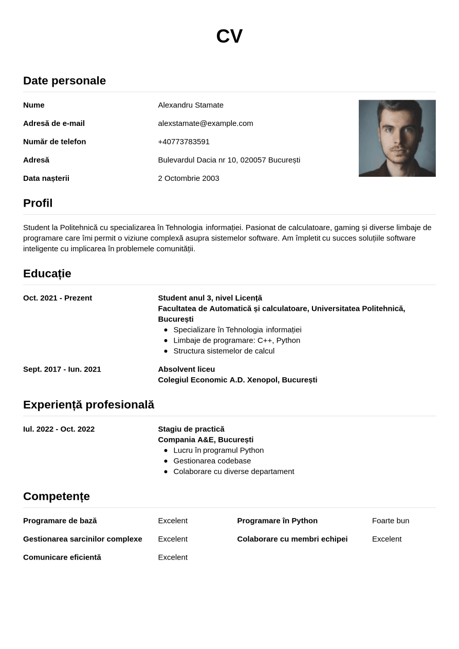 Exemplu de CV de student - CVwizard