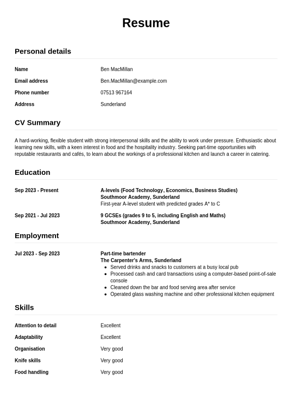 16-Year-Old CV Example - CVwizard