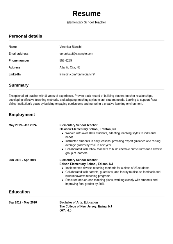 Teacher Resume Example - CVwizard