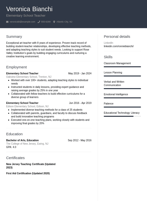 Teacher Resume Example - CVwizard