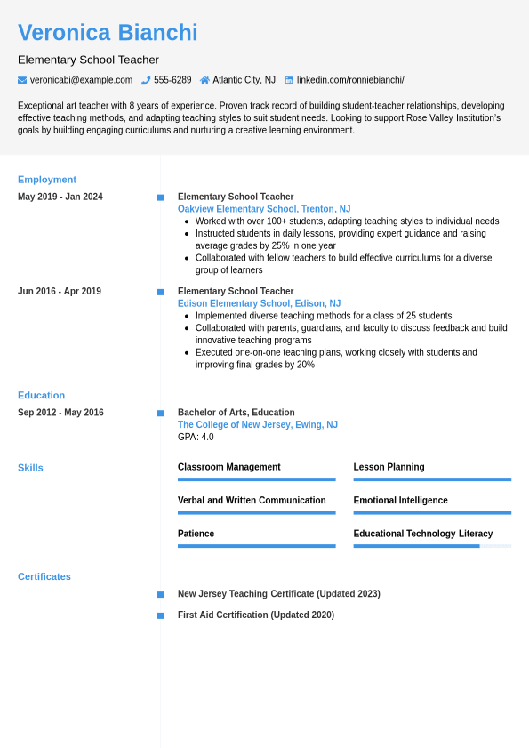 Teacher Resume Example - CVwizard