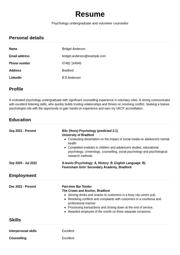 Student CV Example - CVwizard