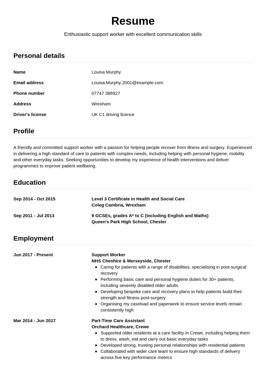 Support Worker CV Example - CVwizard