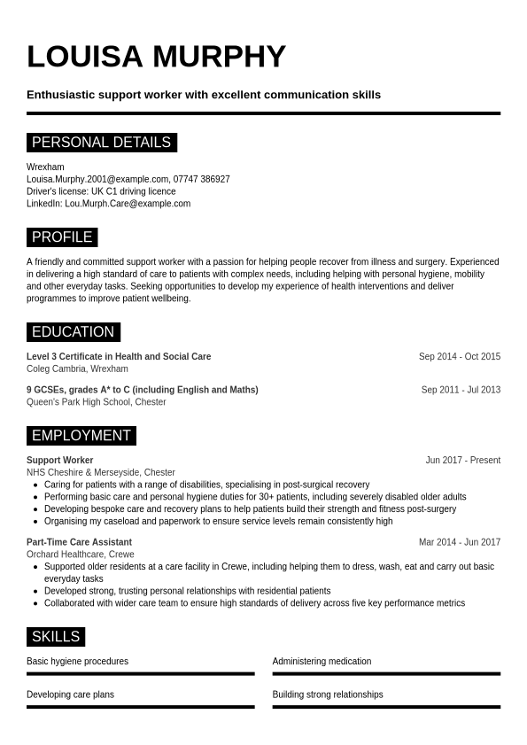 Support Worker CV Example - CVwizard