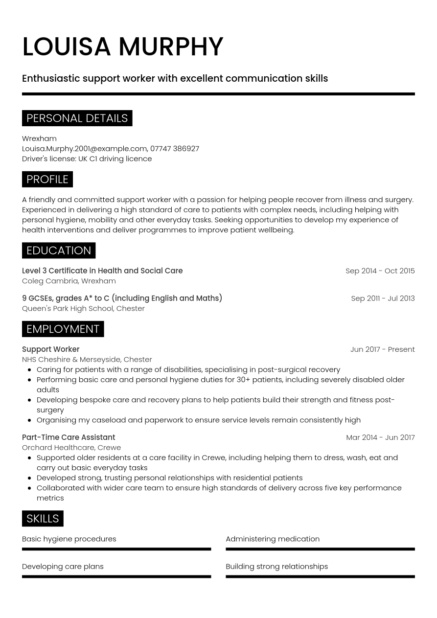 Support Worker CV Example - CVwizard