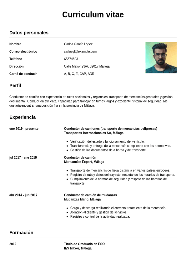 Currículum camionero: Experiencia en transporte - CVwizard