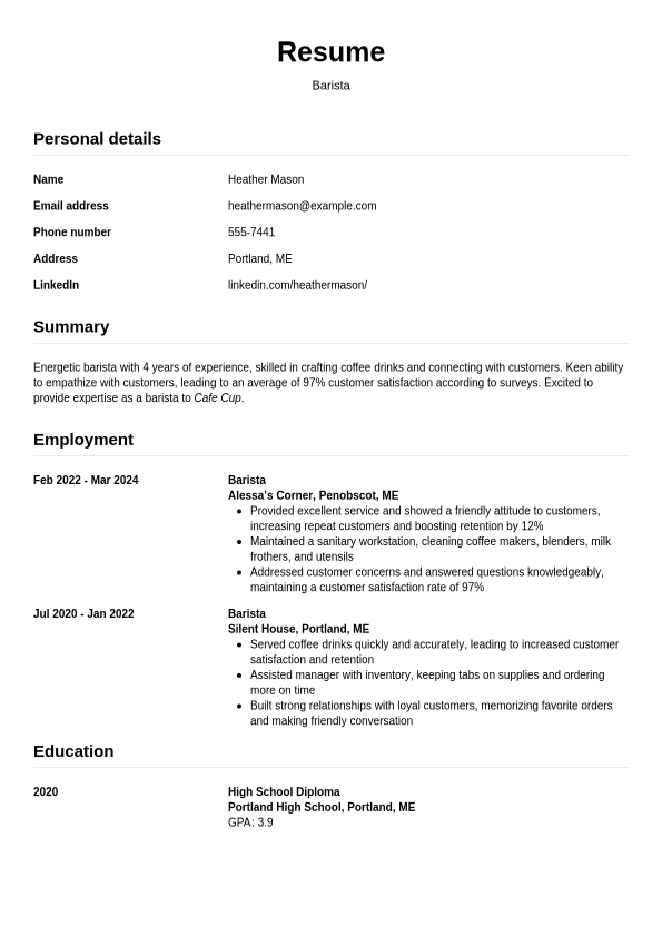 Barista Resume Examples and Writing Tips - CVwizard