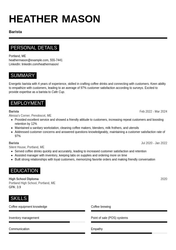 Barista Resume Examples and Writing Tips - CVwizard