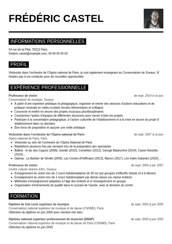 Exemple de CV musicien (artiste) - CVwizard