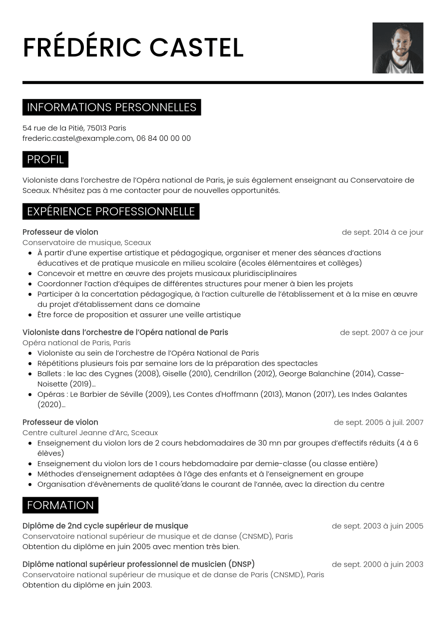 Exemple de CV musicien (artiste) - CVwizard