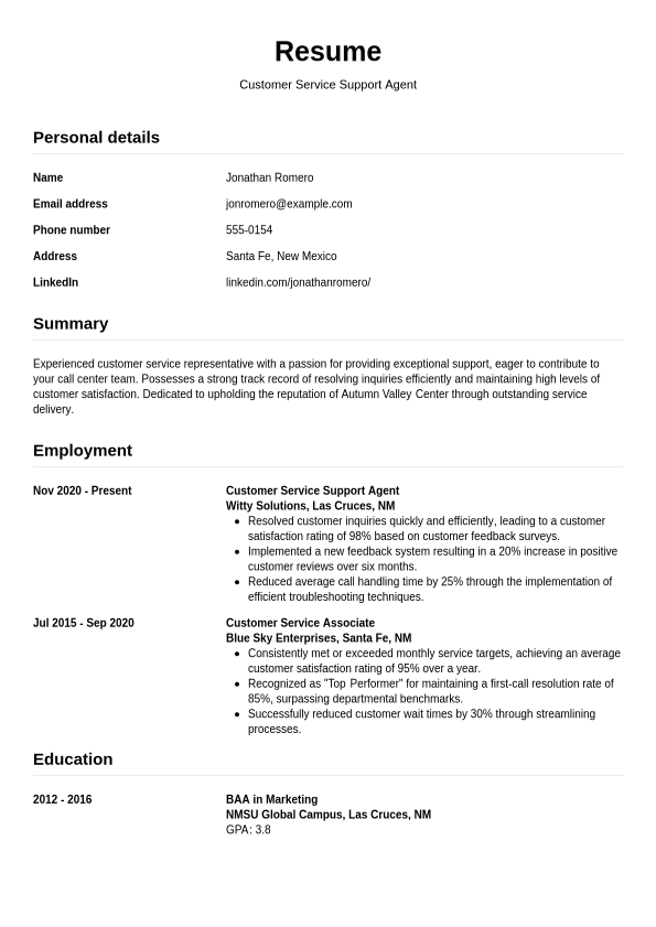 Customer Service Resume Example - CVwizard