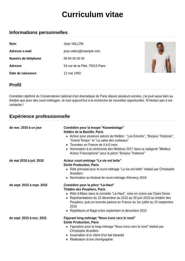 Exemple de CV acteur / comédien - CVwizard