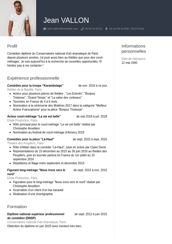 Exemple de CV acteur / comédien - CVwizard
