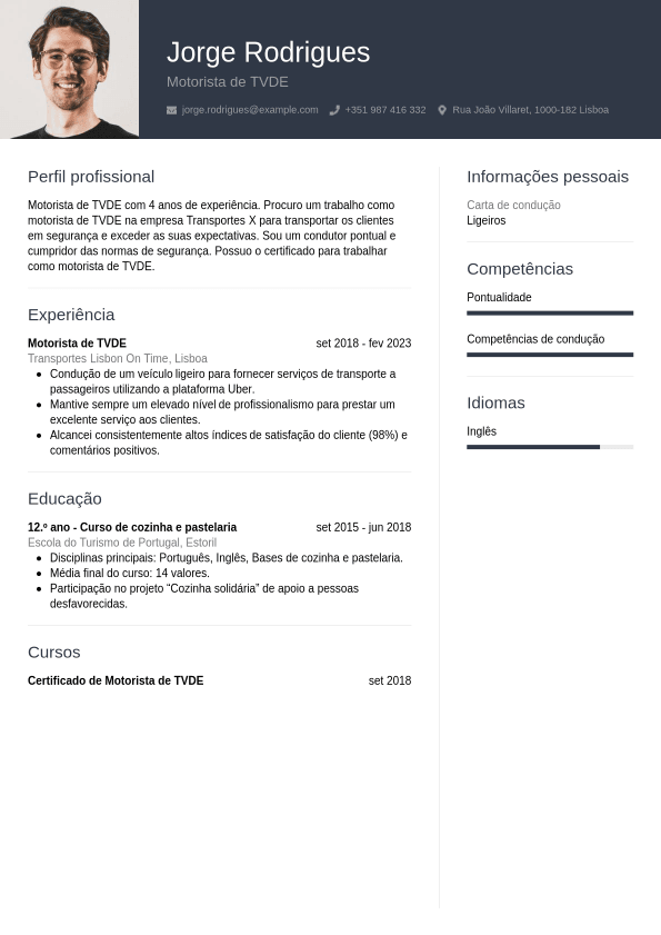 Curriculum vitae de motorista de pesados: exemplo - CVwizard