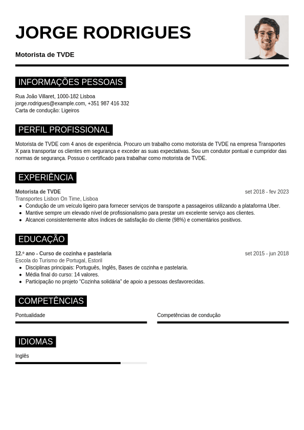 Curriculum vitae de motorista de pesados: exemplo - CVwizard
