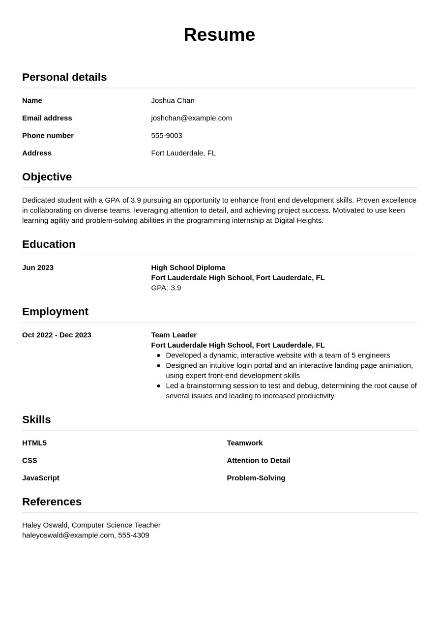 Student Resume Example - CVwizard