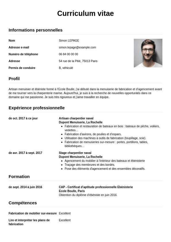 Exemple de CV menuisier - CVwizard