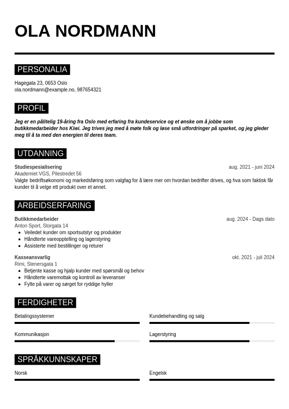 Butikkmedarbeider CV eksempler for 2025 - CVwizard