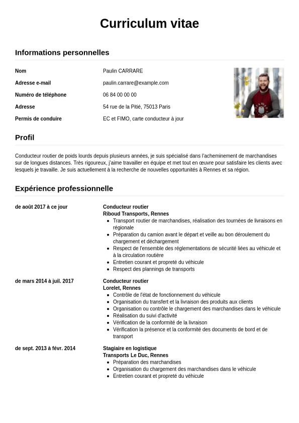 Exemple de CV chauffeur poids lourds et routier - CVwizard