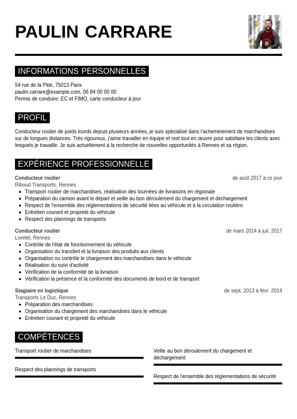 Exemple de CV chauffeur poids lourds et routier - CVwizard