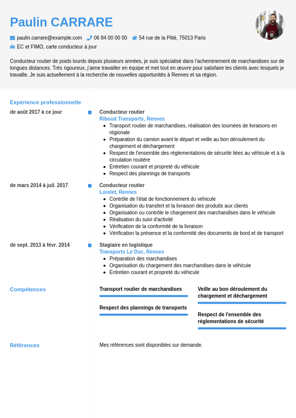 Exemple de CV chauffeur poids lourds et routier - CVwizard