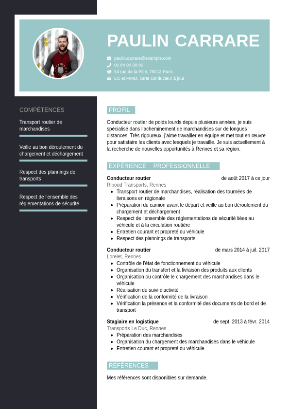 Exemple de CV chauffeur poids lourds et routier - CVwizard