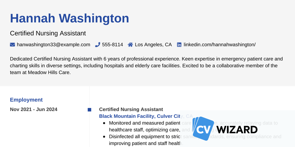 CNA CV Example for a Certified Nursing Assistant Role - CVwizard