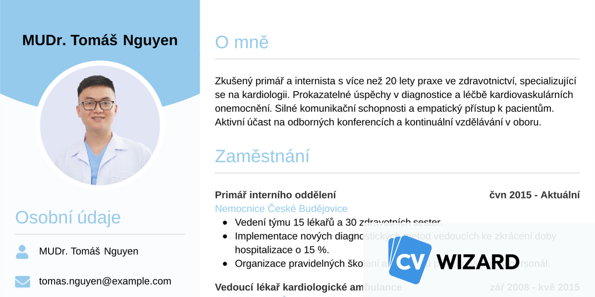 Příklad životopisu lékaře pro rok 2025 - CVwizard