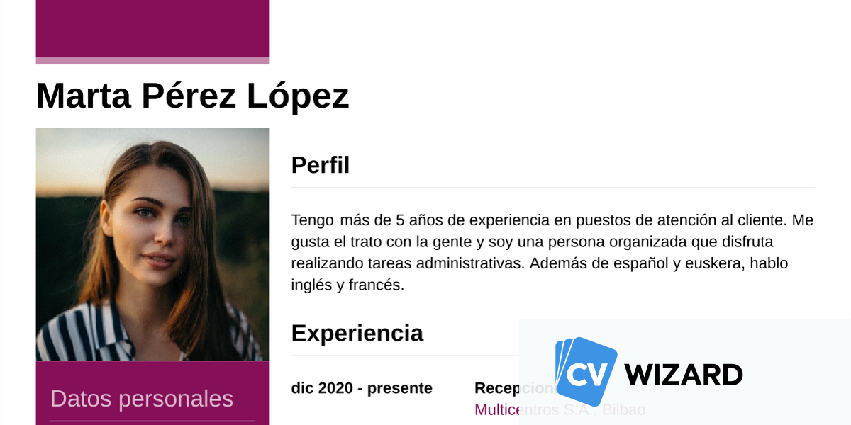 Currículum recepcionista: Ejemplo de CV - CVwizard