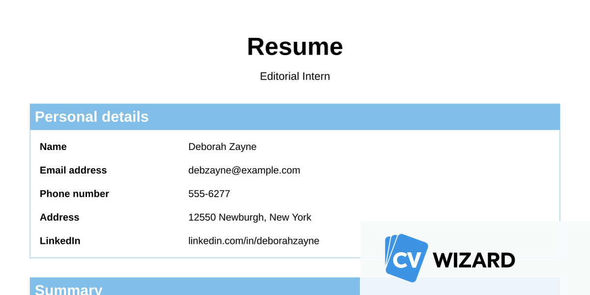 Internship Resume Example - CVwizard
