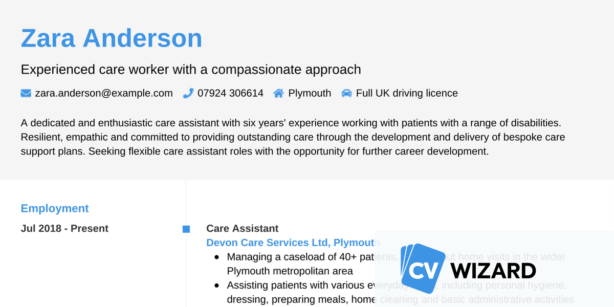 Care Assistant CV Example - CVwizard